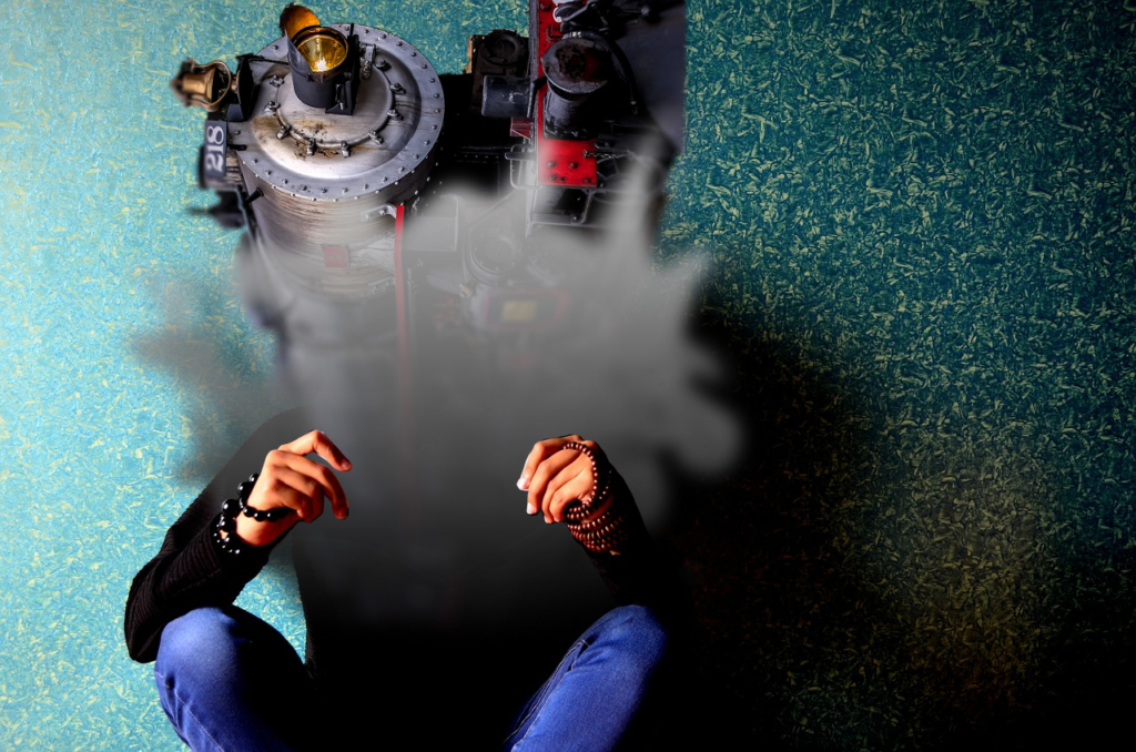 Man blowing off steam transforms into full steam engine